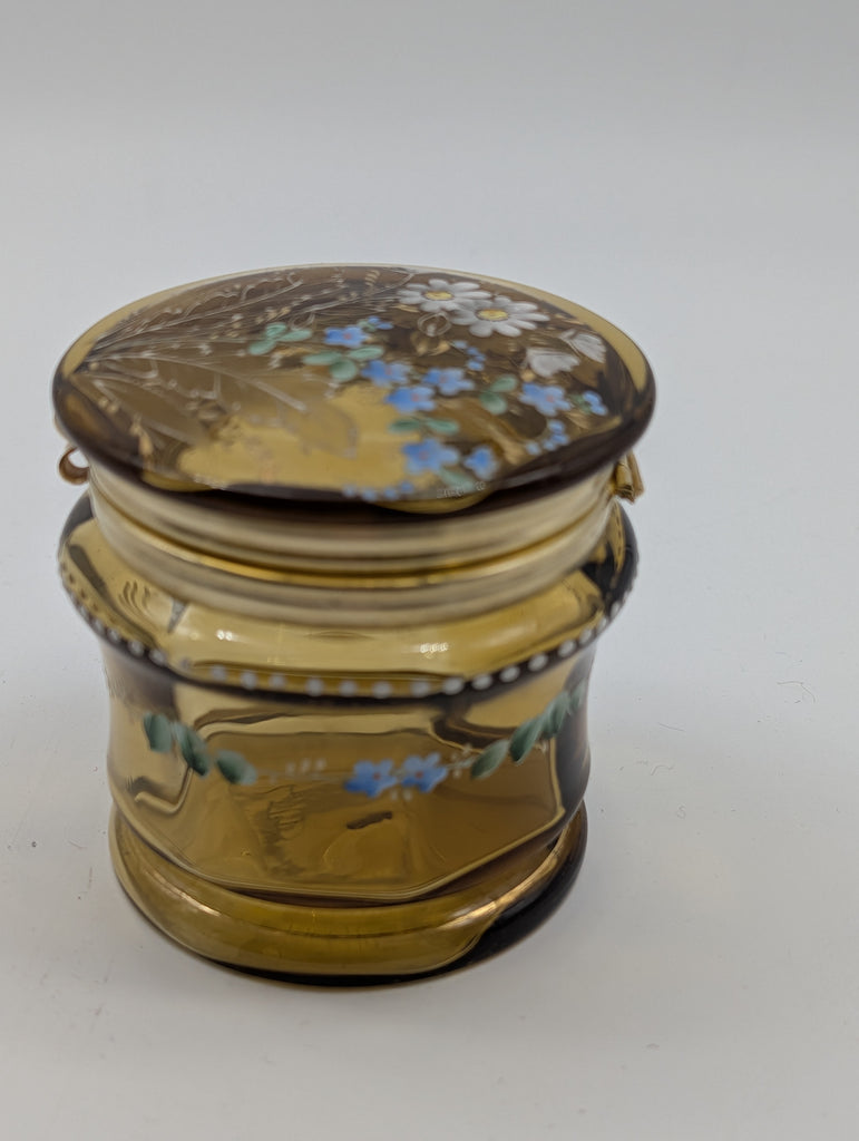Bohemian Art Glass Dressing Table or Jewelry Box. Amber Glass Enamel F ...